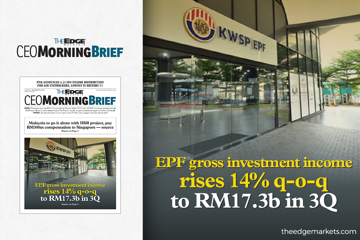 EPF gross investment income rises 14% q-o-q to RM17.3b in 3Q