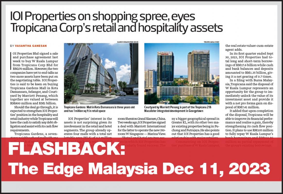 Tropicana Corp sells its hotel in Penang to IOI Properties unit for ...